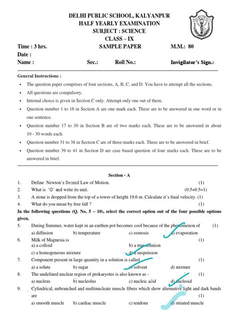 Class Ix Science Sample Paper Half Yearly Exam Pdf Tissue Biology