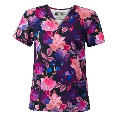 Medgear Womens 2 Pocket Scrubs Short Sleeve V Neck Print Top In 4 Way