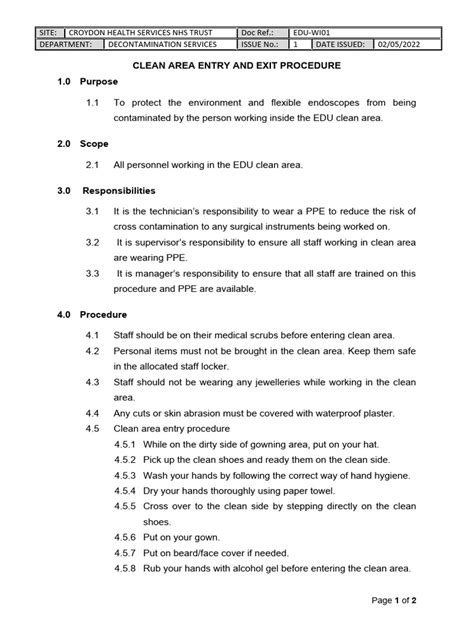Edu Wi01 Clean Area Entry And Exit Procedure Issue 1 Pdf Personal Protective Equipment