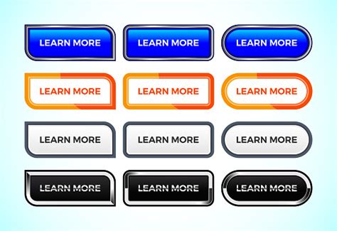 Learn More Button Set Of Different Shapes And Colors Suitable For Mobile App And Website Ui