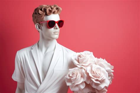 Premium Ai Image Portrait Of White Sculpture Of Eros Wearing Red Glasses With Bouquet Of White