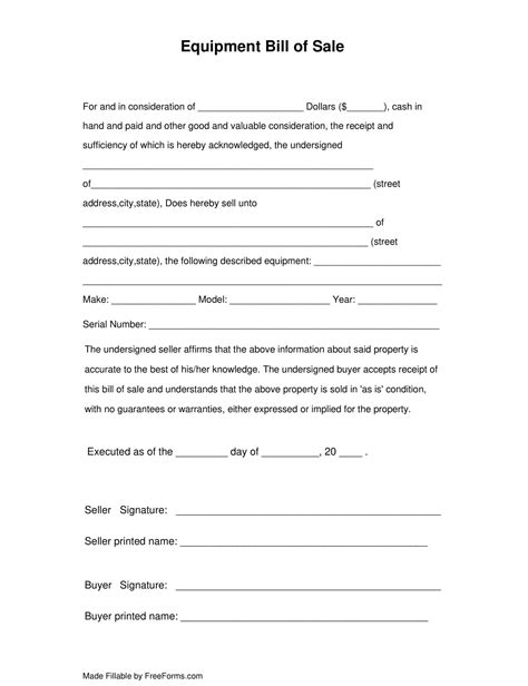 Free Printable Equipment Bill Of Sale Templates [word Excel Pdf]