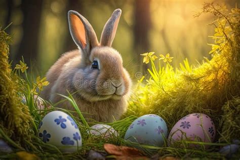 Easter Bunny In The Forest Among Easter Eggs Stock Illustration Illustration Of Meadow