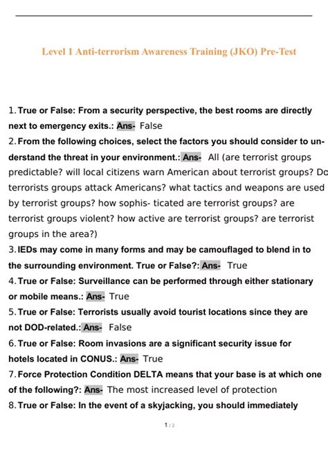 Level I Antiterrorism Awareness Training Answers Solution L