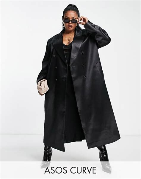 Asos Design Curve Satin Dad Coat In Black Asos