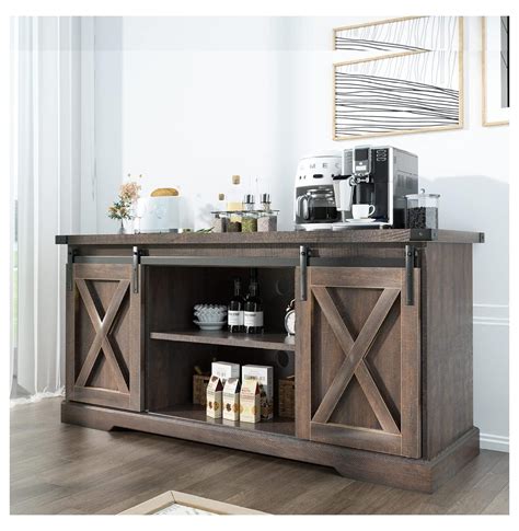CRIXLHIX Farmhouse Sideboard With Sliding Barn Doors Rustic Coffee Bar