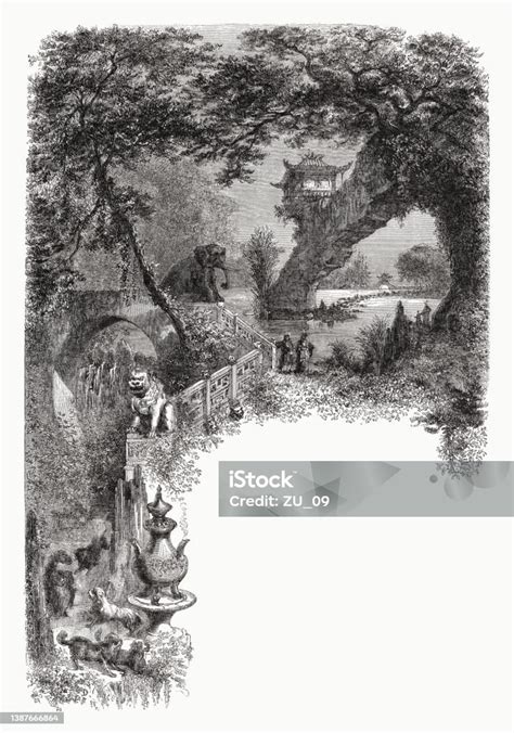 Taman Cina Kuno Ukiran Kayu Diterbitkan Pada Tahun 1870 Ilustrasi Stok