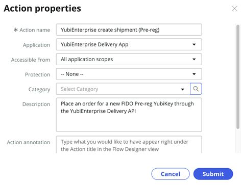 Create FIDO Pre Reg Shipment YubiEnterprise Delivery ServiceNow Example