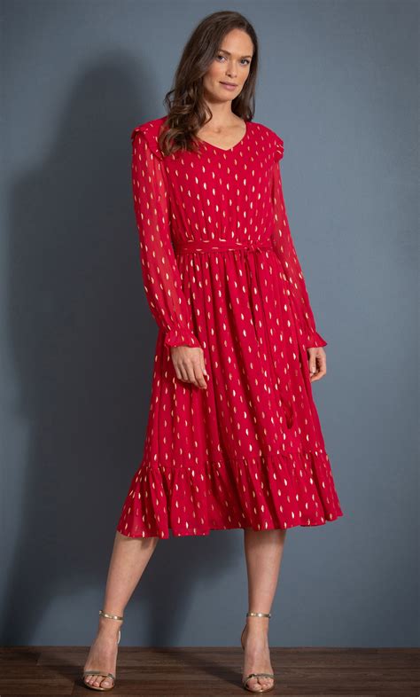 Foil Leaf Print Chiffon Midi Dress In Multi Klass