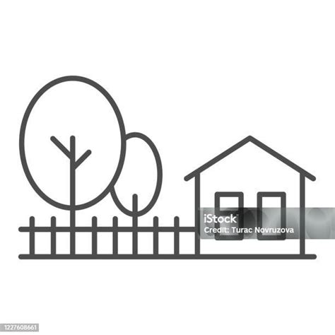 小屋與樹木薄線圖示夏季概念農村景觀標誌的白色背景農家和樹木圖標在輪廓風格為移動概念和網路設計向量圖形向量圖形及更多不動產圖片 Istock