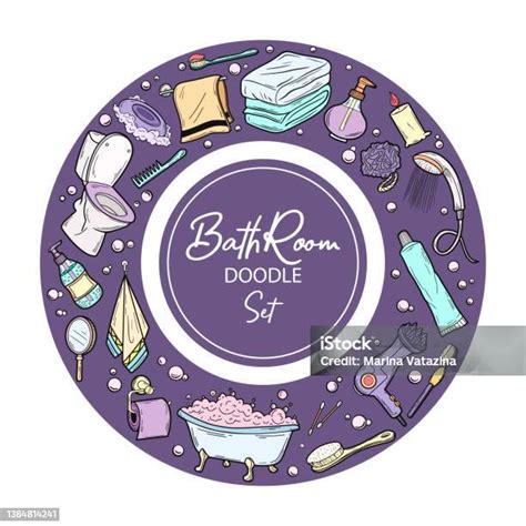 손으로 그린 색상 낙서 욕실 아이콘 세트 벡터 일러스트 홈 목욕 기호 컬렉션 낙서 스케치 화장실 샤워 욕조 화장실 수건 가운 라벨 데칼 스티커 명함 용 그림 가구에 대한