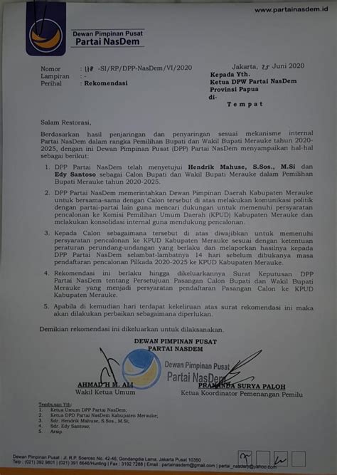 Detail Contoh Surat Rekomendasi Partai Politik Koleksi Nomer 1