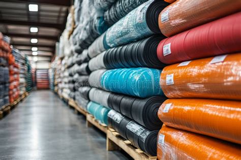 Rubber Rolls Wrapped In Plastic Wrap Stacked High On Pallets Filling