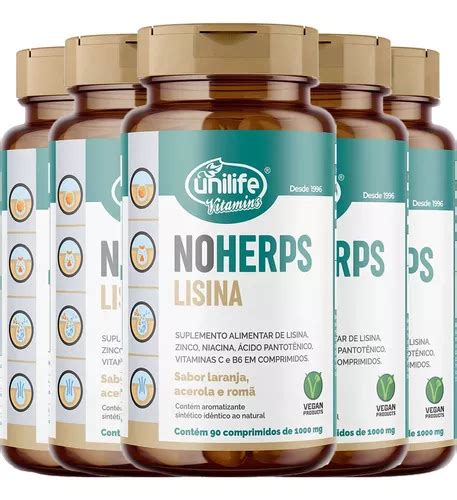 Kit 5x Noherps Lisina 90 Comprimidos 1000mg Unilife Frete Grátis