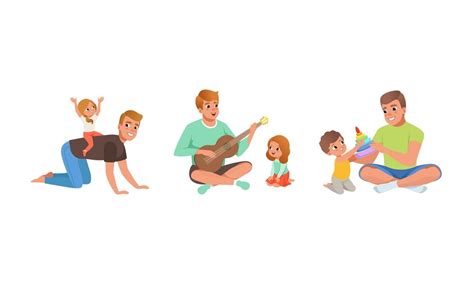 행복한 아버지 개념 아버지와 그들의 아이들이 함께 좋은 시간을 보내는 세트 만화 터 일러스트레이션 프리미엄 벡터
