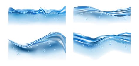 물이 공기 방울과 함께 표면에 튀거나 떨어집니다 물방울이 있는 사실적인 액체의 벡터 고립 세트 용기의 유체 측면 보기 파도와 물방울 효과의 맑고 부드러운 아쿠아 개체 그룹에