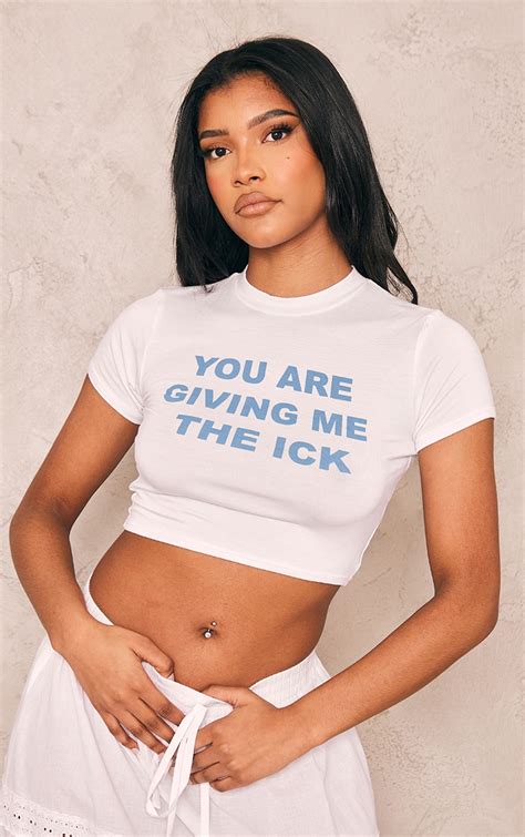 White Slogan Print Fitted Cropped T Shirt Tops Prettylittlething Qa