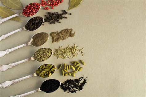 회색 배경에 고기를 요리하기위한 은 숟가락에 향신료 맨 위 보기입니다 공간을 복사합니다 0명에 대한 스톡 사진 및 기타 이미지 Istock