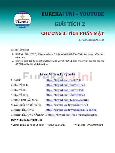 Eureka Uni Giải Tích 2 Ch3 Tích Phân Mặt Loại 1 1 Pdf