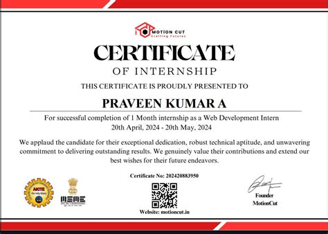 Praveen Kumar On Linkedin Webdevelopment Internship Careergrowth Motioncut Learningjourney