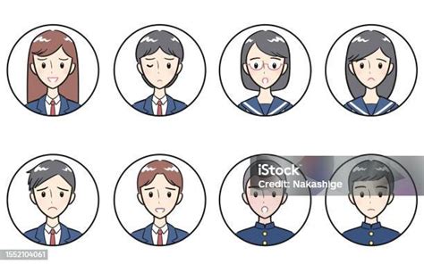 교복을 입은 중학생과 고등학생 부정적인 표정 라운드 아이콘 세트 화이트 가식적 미소에 대한 스톡 벡터 아트 및 기타 이미지