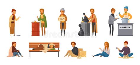 Set Of Homeless People In Different Help Needy Situations Cartoon Style