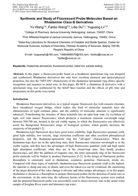 Synthesis And Study Of Fluorescent Probe Molecules Based On Rhodamine Class B Derivatives