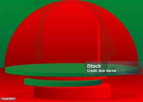 녹색과 빨간색 제품 디스플레이 추상 모형 벡터 3d 룸 미래형 실린더 받침대 연단 프레젠테이션을 위한 공상 과학 최소 무대 쇼케이스 기하학적 형태 빈 장면 0명에 대한 스톡