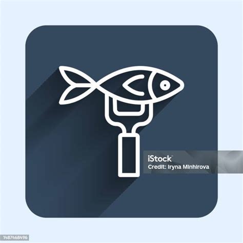 白い線は長い影の背景で隔離乾燥魚のアイコン青い四角ボタンベクトル おやつのベクターアート素材や画像を多数ご用意 おやつ アイコン
