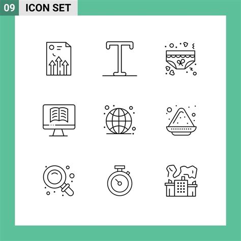 Set Of 9 Vector Outlines On Grid For Globe Ontechnology Clothing Book Romance Editable Vector