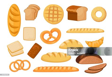 아이콘 의 다른 유형의 빵 화이트 롱 로프 호밀과 밀 빵 프렌치 번 베이글 크루아상프레첼 요리법에 대한 스톡 벡터 아트 및 기타 이미지 Istock