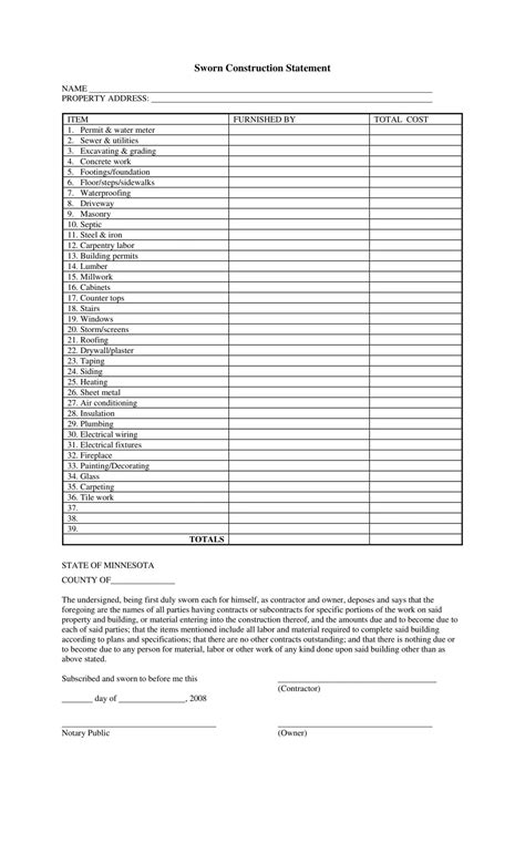 Free Printable Sworn Statement Templates [word Pdf] For Construction