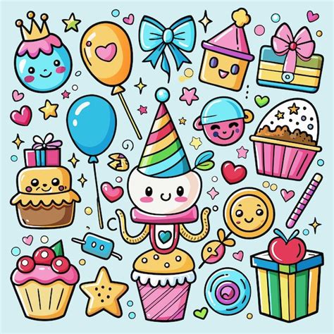 Elementos De La Fiesta De Cumpleaños De Dibujos Animados Con Pasteles