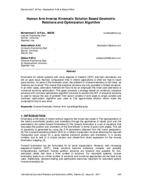 Pdf Human Arm Inverse Kinematic Solution Based Geometric Relations