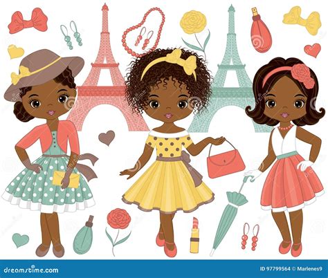 Vector Set With Cute Little African American Girls In Retro Style And