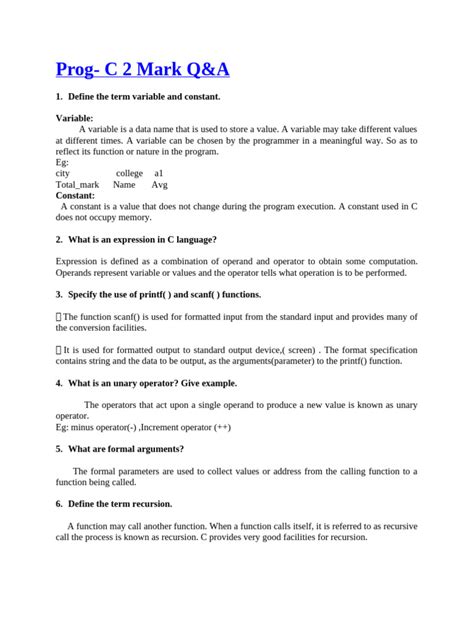 Two Marks For Cs3353 With Answer Pdf Pointer Computer Programming Parameter Computer