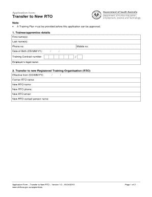 Fillable Online Transfer To New RTO Application Form PDF SA Gov Au