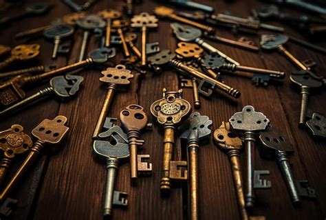 Premium Ai Image Many Individual Keys On A Wooden Table In The Style