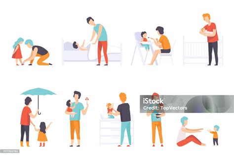 자녀를 돌보는 아버지 세트 아빠 먹이 드레싱 걷기 보호 어린이 벡터 일러스트레이션 에 흰색 배경 아기에 대한 스톡 벡터 아트 및 기타 이미지 Istock