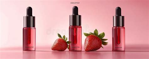 A Pink Background Features A Ripe Red Strawberry Accompanied By Three Red Glass Dropper Bottles