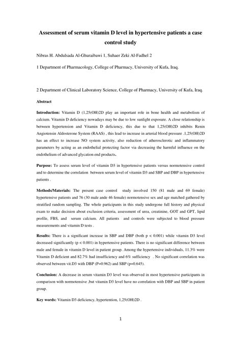 Pdf Assessment Of Serum Vitamin D Level In Hypertensive Patients A