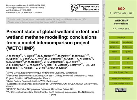 Pdf Present State Of Global Wetland Extent And Wetland Methane Modelling Conclusions From A