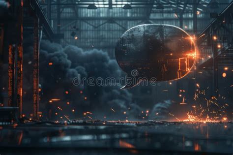 Futuristic Metallic Speech Bubble In A Spark Filled Industrial Setting Design For Poster Stock