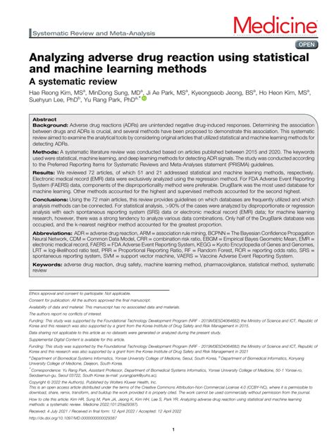 Pdf Analyzing Adverse Drug Reaction Using Statistical And Machine Learning Methods