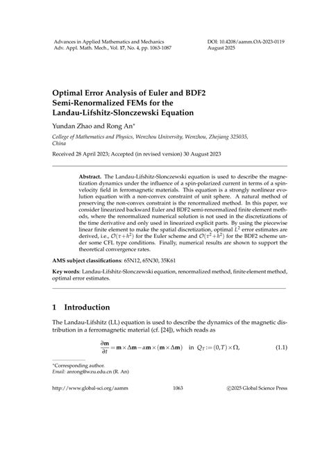 global science press optimal error analysis of euler and bdf2 semi
