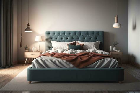Ai Generated Interior Of Modern Bedroom With Blue Walls Wooden Floor