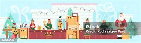 엘프와 산타 플랫 벡터 일러스트와 장난감과 선물 크리스마스 공장 공장 산업 건물에 대한 스톡 벡터 아트 및 기타 이미지 공장 산업 건물 산타 클로스 일러스트레이션