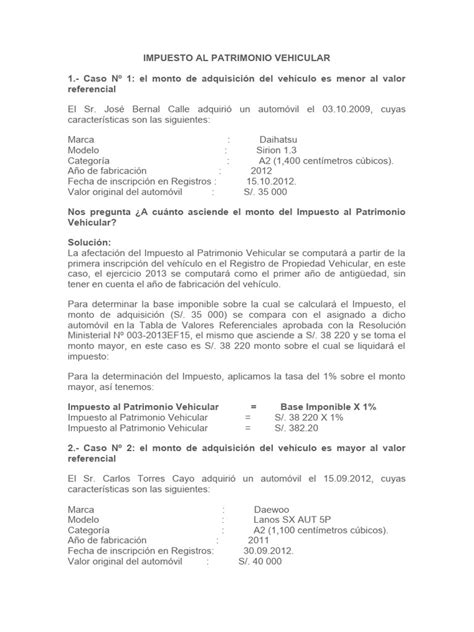 Impuesto Al Patrimonio Vehicular Ejemplos Pdf Impuestos Economias