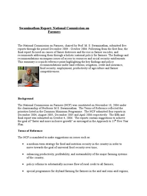 Swaminathan Report National Commission On Farmers Background Pdf
