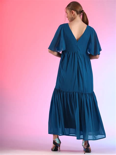 Royal Blue V Neck Ruffle Sleeve Maxi Dress By Wyshlist